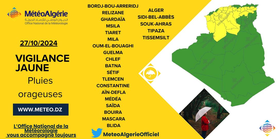 Météo Algérie : de fortes pluies sur 20 wilayas ce dimanche 27 octobre ...